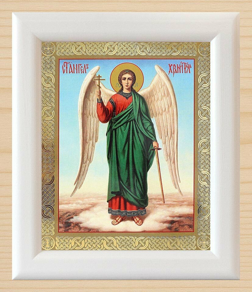 Ангел Хранитель (лик № 072), икона в широкой белой деревянной рамке 19*22,5 см