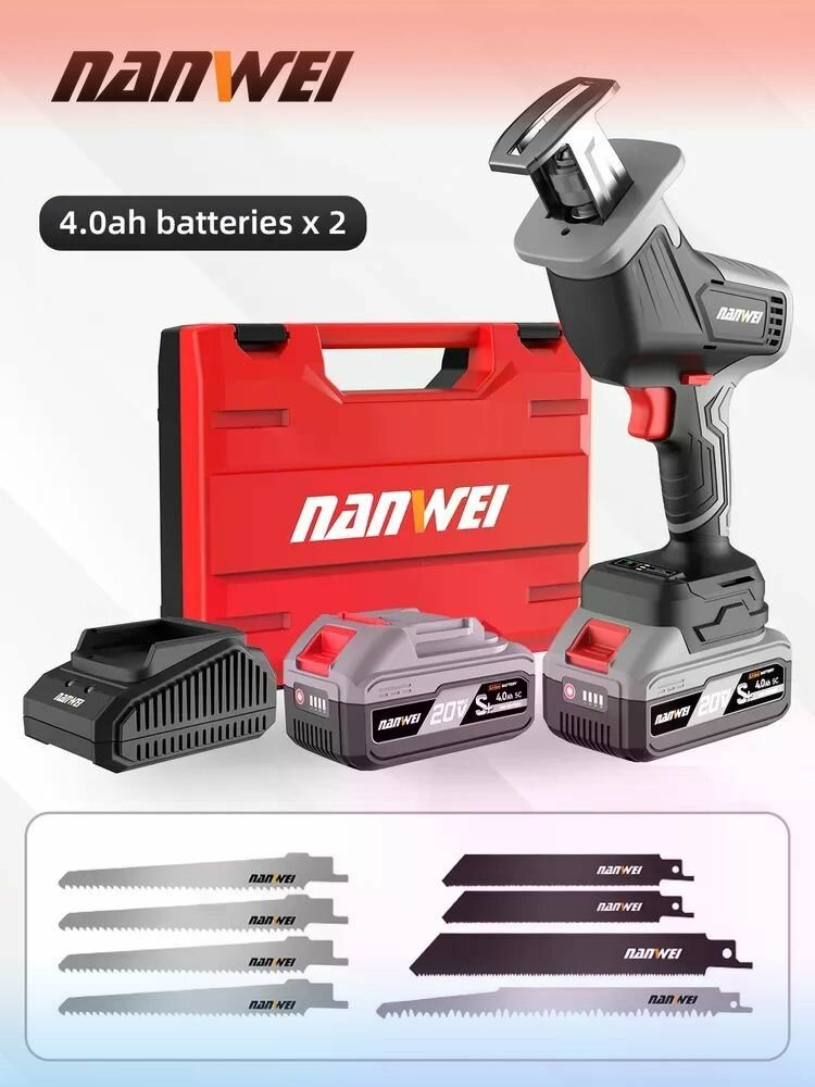 Бестселлер среди бесщеточных сабельных пил NANWEI, оснащенный двумя аккумуляторами 4.0ah для многофункциональной резки с ходом поршня 15 мм и частотой 3500SPM