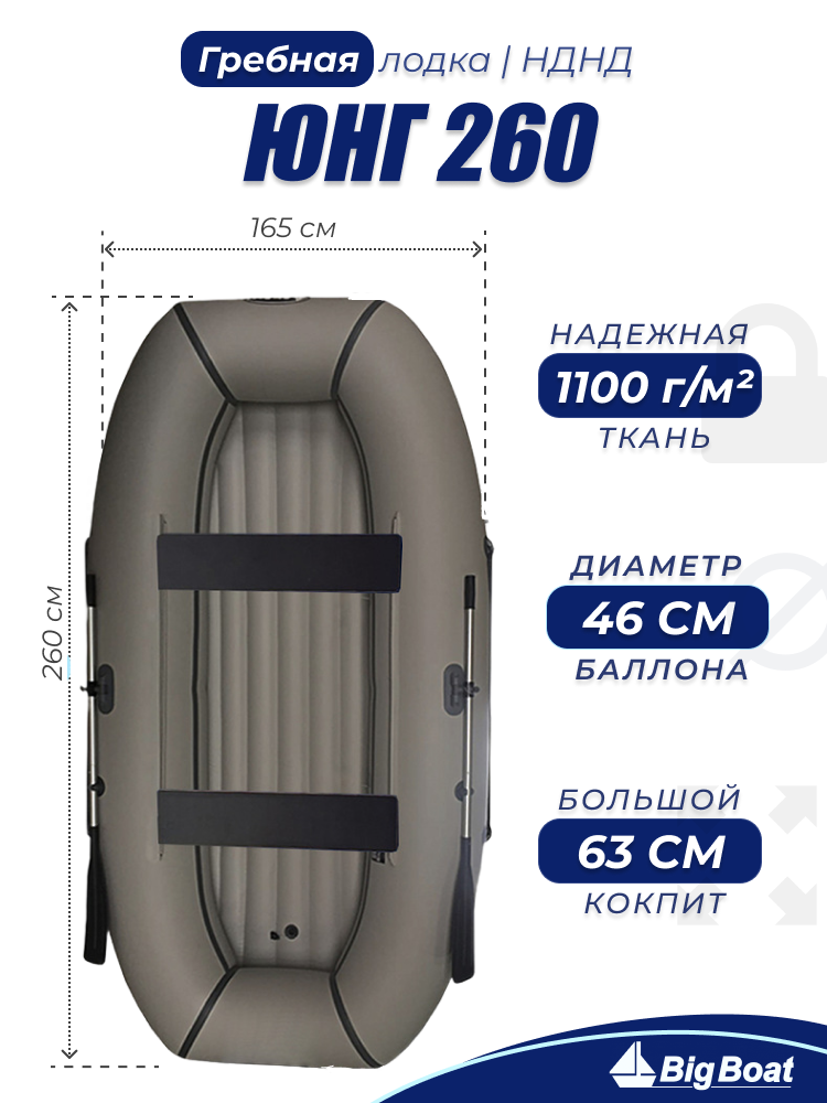 Лодка Big Boat Юнг 260, надувная, армированный ПВХ, грузоподъемность 400кг, серая