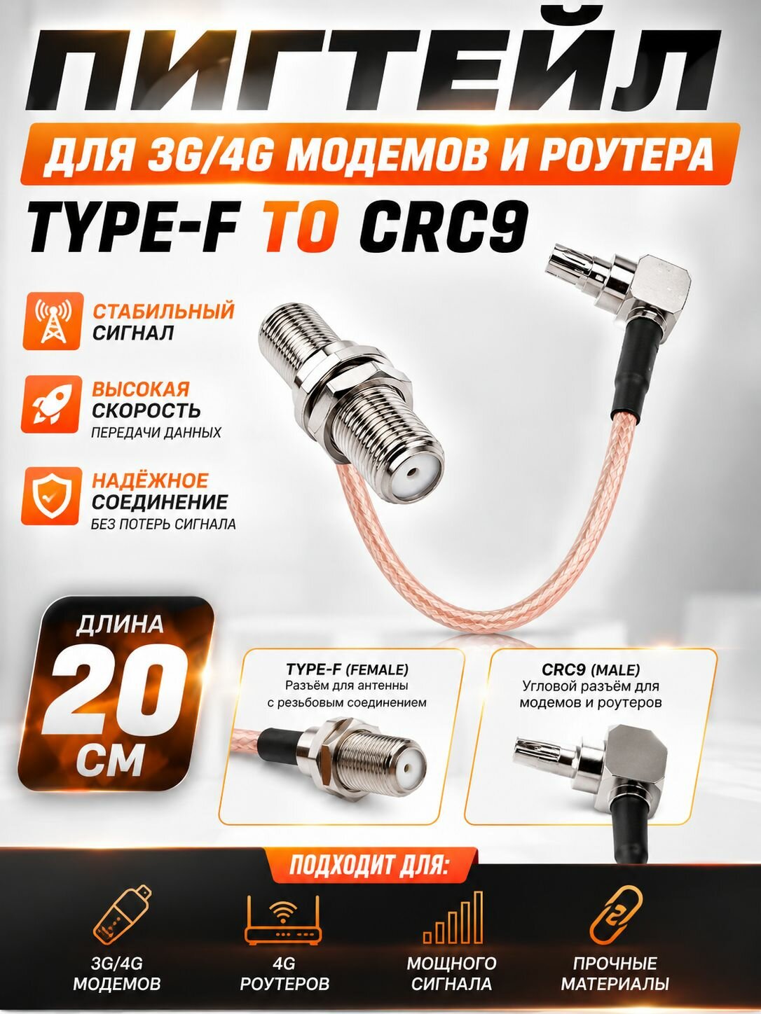 Пигтейл 3G/4G модемов и роутер Type-F Мама to CRC9