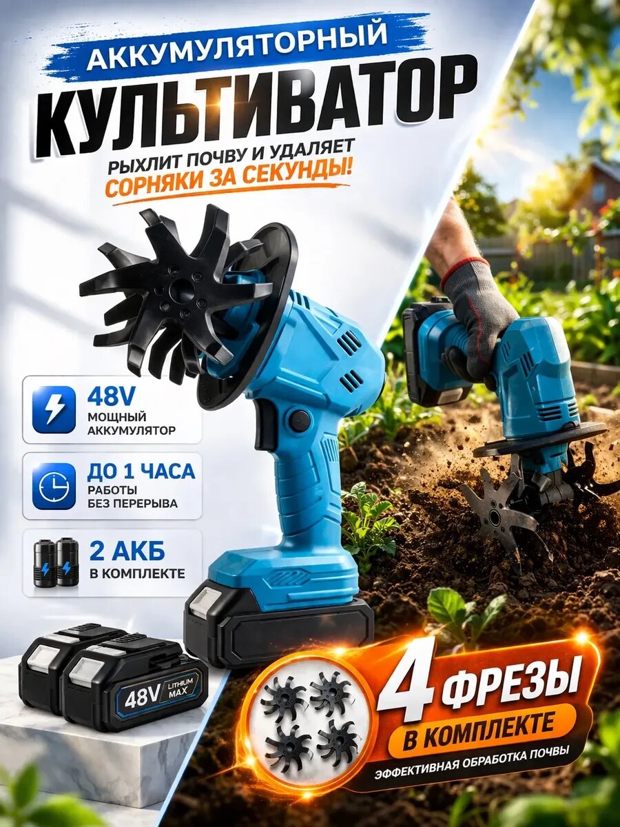 Культиватор Li-Ion аккумулятор, глубина обработки до 10см, 2 АКБ