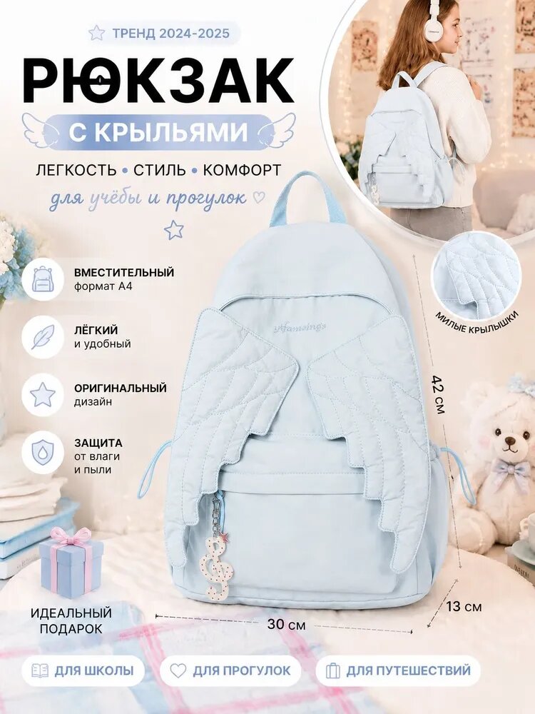 Сумка школьная Y2K с крыльями handmade, искусственная кожа, голубой, 30x13x42 см