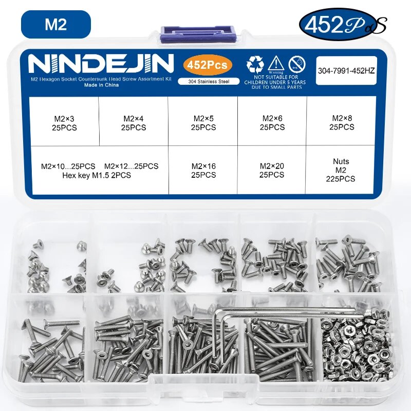 Набор винтов NINDEJIN M2-M6 из нержавеющей стали, 452pcs