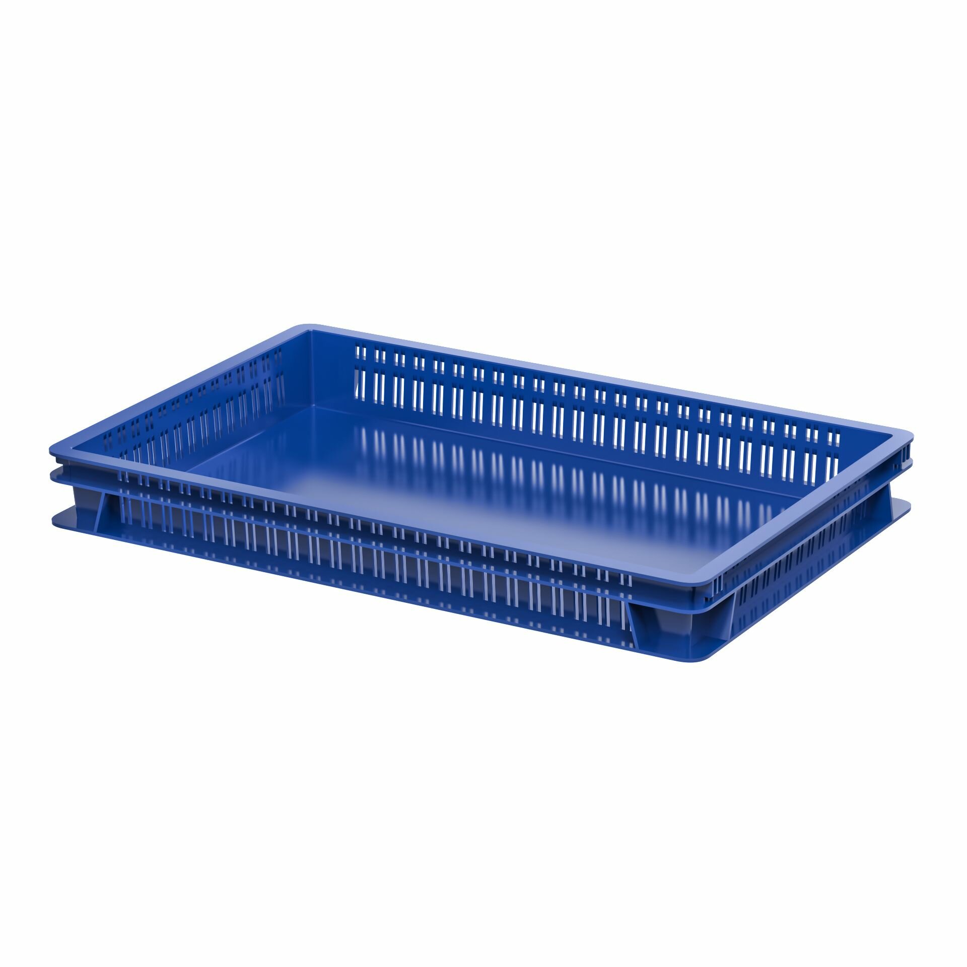 Ящик для полуфабрикатов, ягод, овощей и фруктов перфорированные стенки сплошное дно, синий, 600х400х75 мм