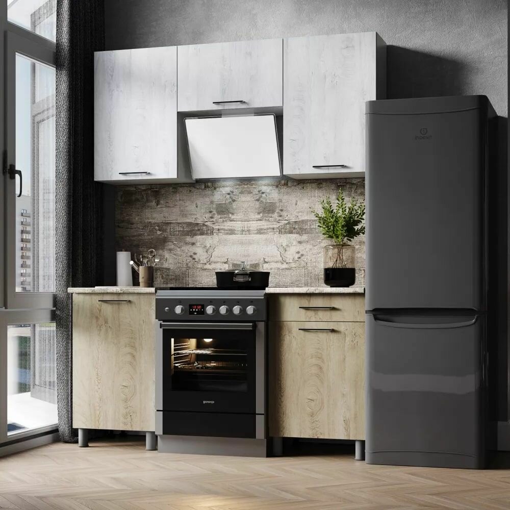 Кухня Палермо без столешницы 1.6 м Дуб ост. серый/Дуб ост. бежевый с окапом 1600х430х2170 тэкс