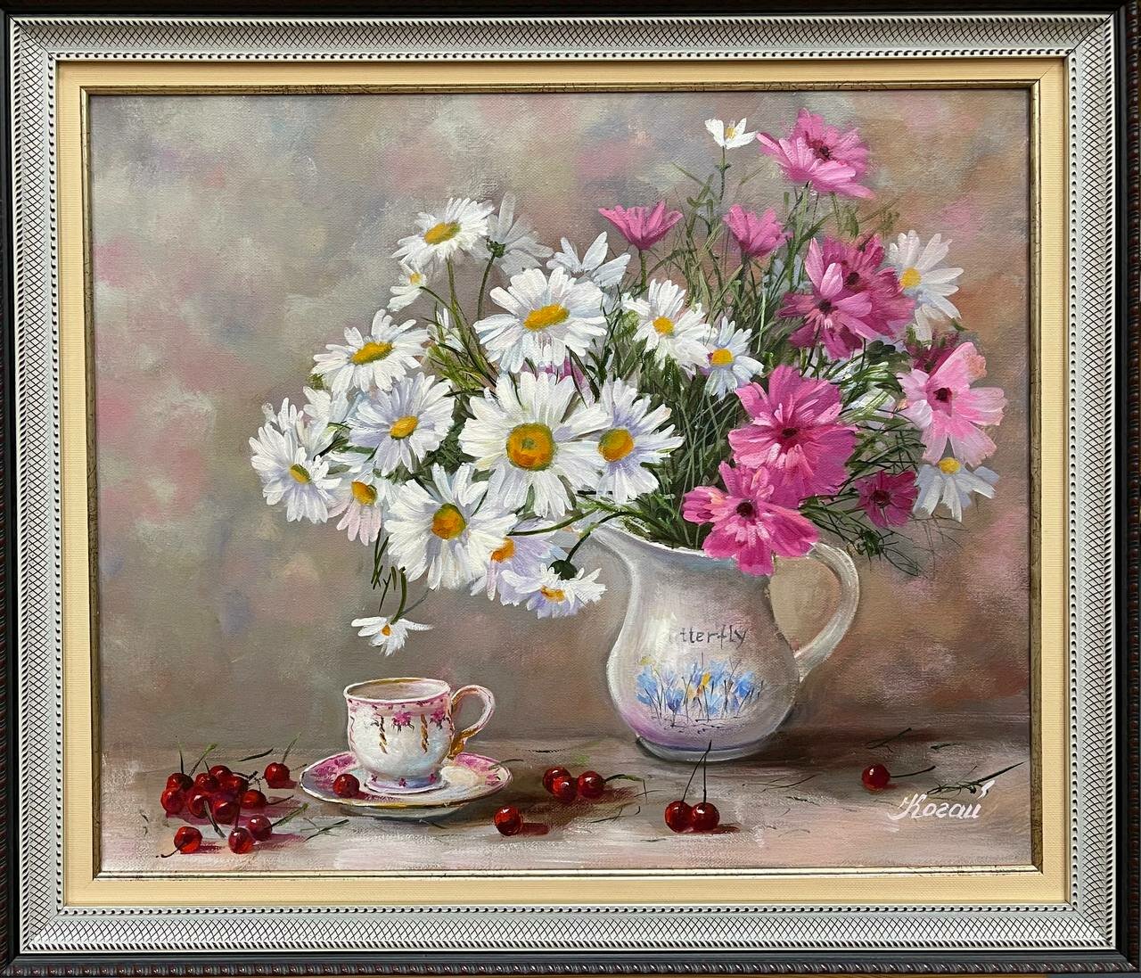Картина маслом, цветы "Ромашки в кувшине"