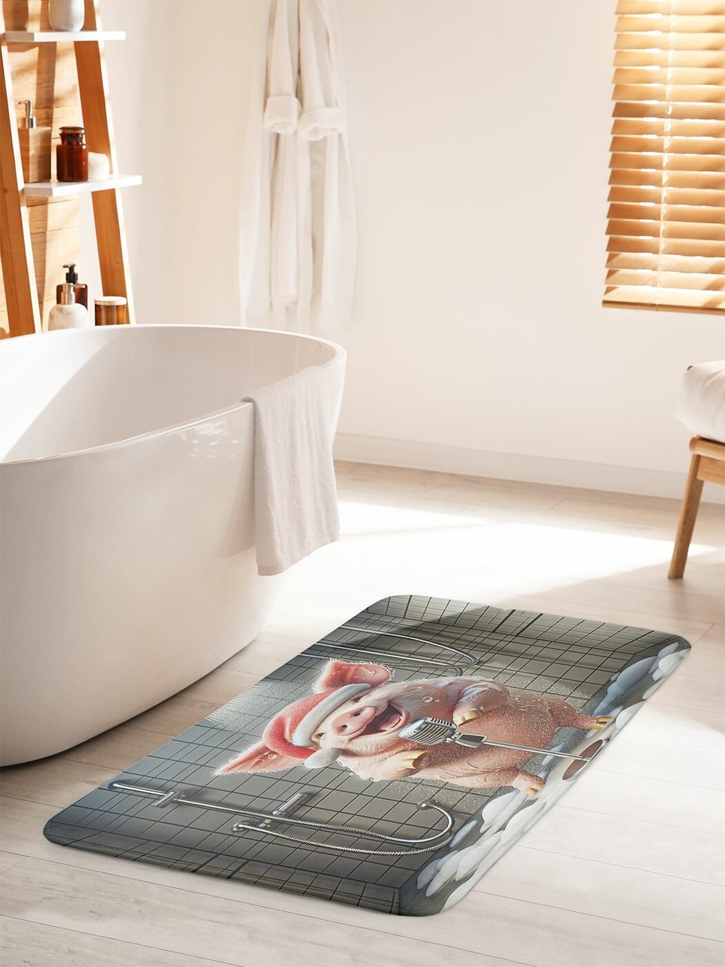 Коврик для ванной комнаты и туалета противоскользящий "Поющая хрюшка" 60х100 см, JoyArty, серия Новый год