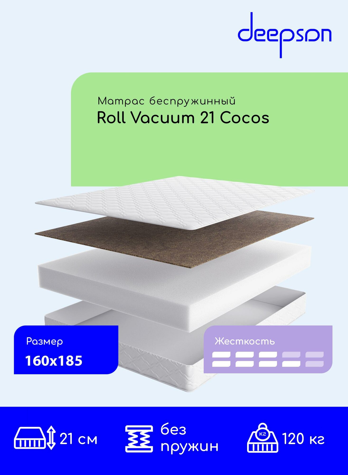 Матрас 160x185 ортопедический беспружинный Deepson Roll Vacuum 21 Cocos