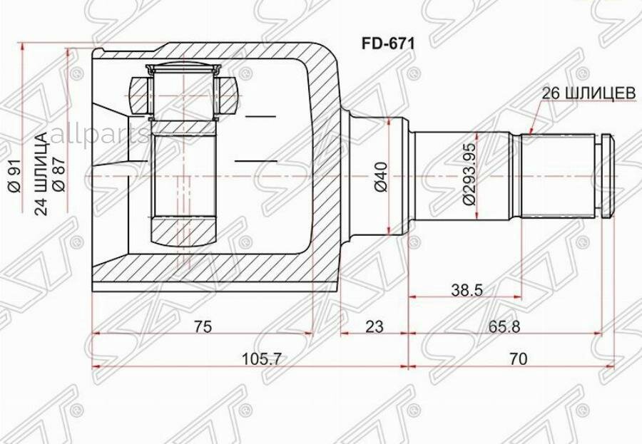 SAT FD-671 Шрус (Спереди/ Слева/ Внутр) Ford Mondeo 07-15 / Galaxy 06-15 / S-MAX 06-15