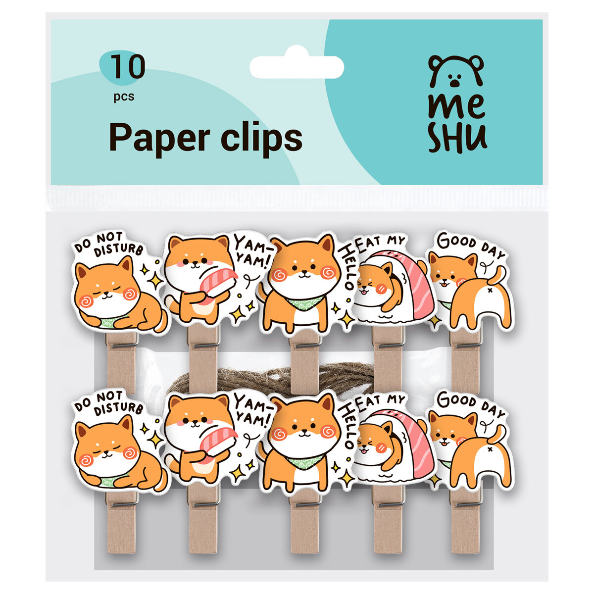 10 шт. Зажимы для бумаг 7мм, MESHU "Funny dogs", 10шт, деревянные, ассорти, опп пакет с европодвесом, веревка в комплекте