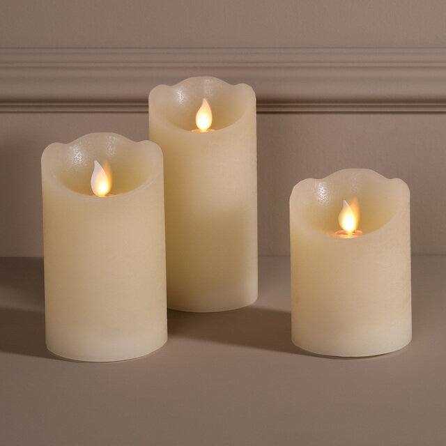 Набор восковых светодиодных свечей Живое Пламя 10-15 см, 3 шт, с пультом управления, кремовый, на батарейках, Kaemingk, 480014