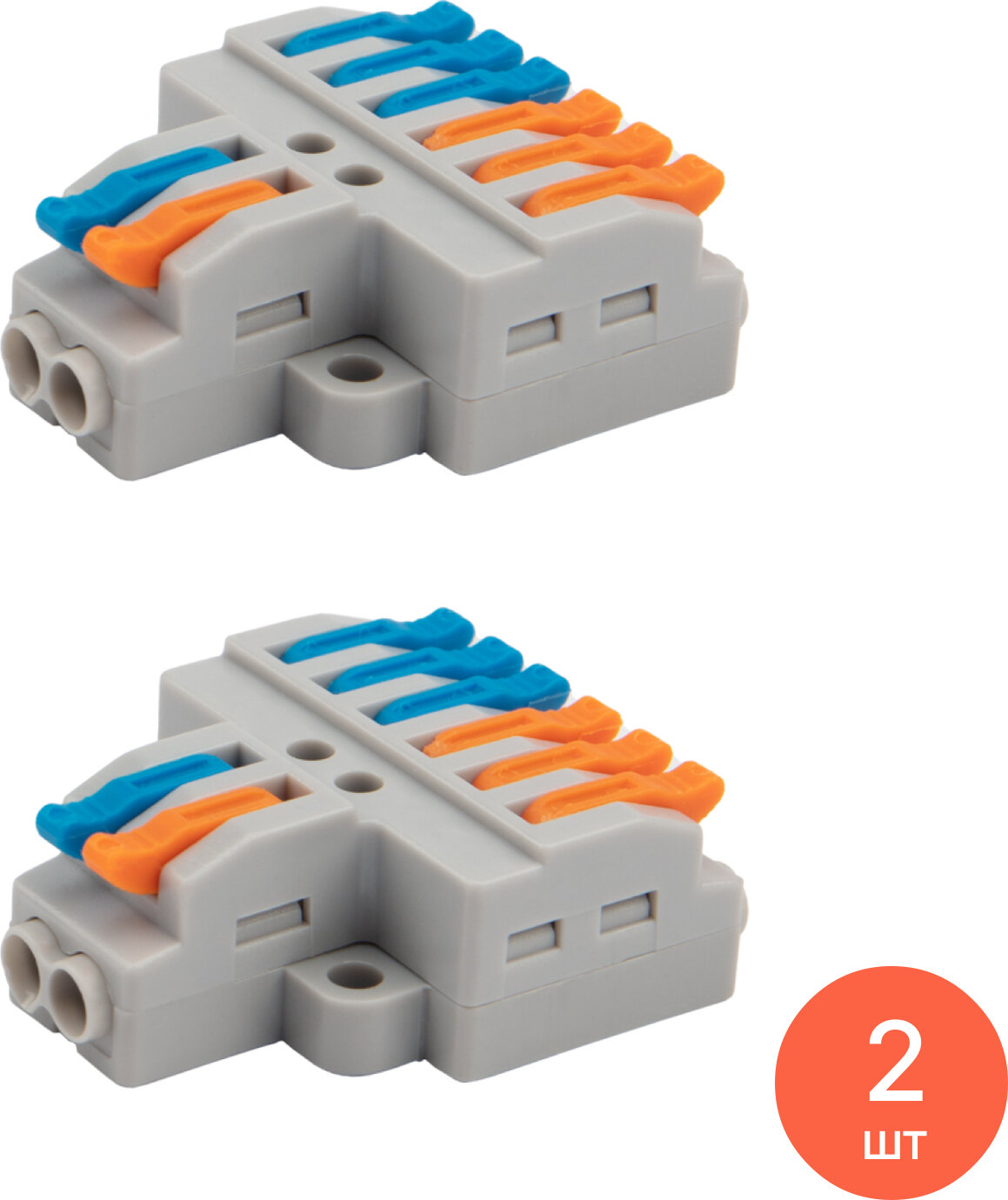 Клемма для проводов REXANT / Рексант СМК 2х3 двухполюсная проходная разветвительная с монтажной площадкой, 1 ввод/3 вывода на полюс, полиамид 66, серый, 0.14-4мм², 1шт. / зажим (комплект из 2 шт)