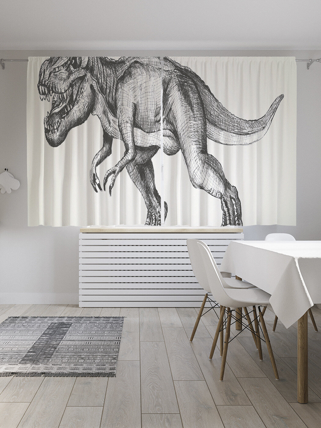 Фотошторы короткие "Монохромный динозавр рекс", 2 полотна шириной по 145 см, высота 180 см, JoyArty