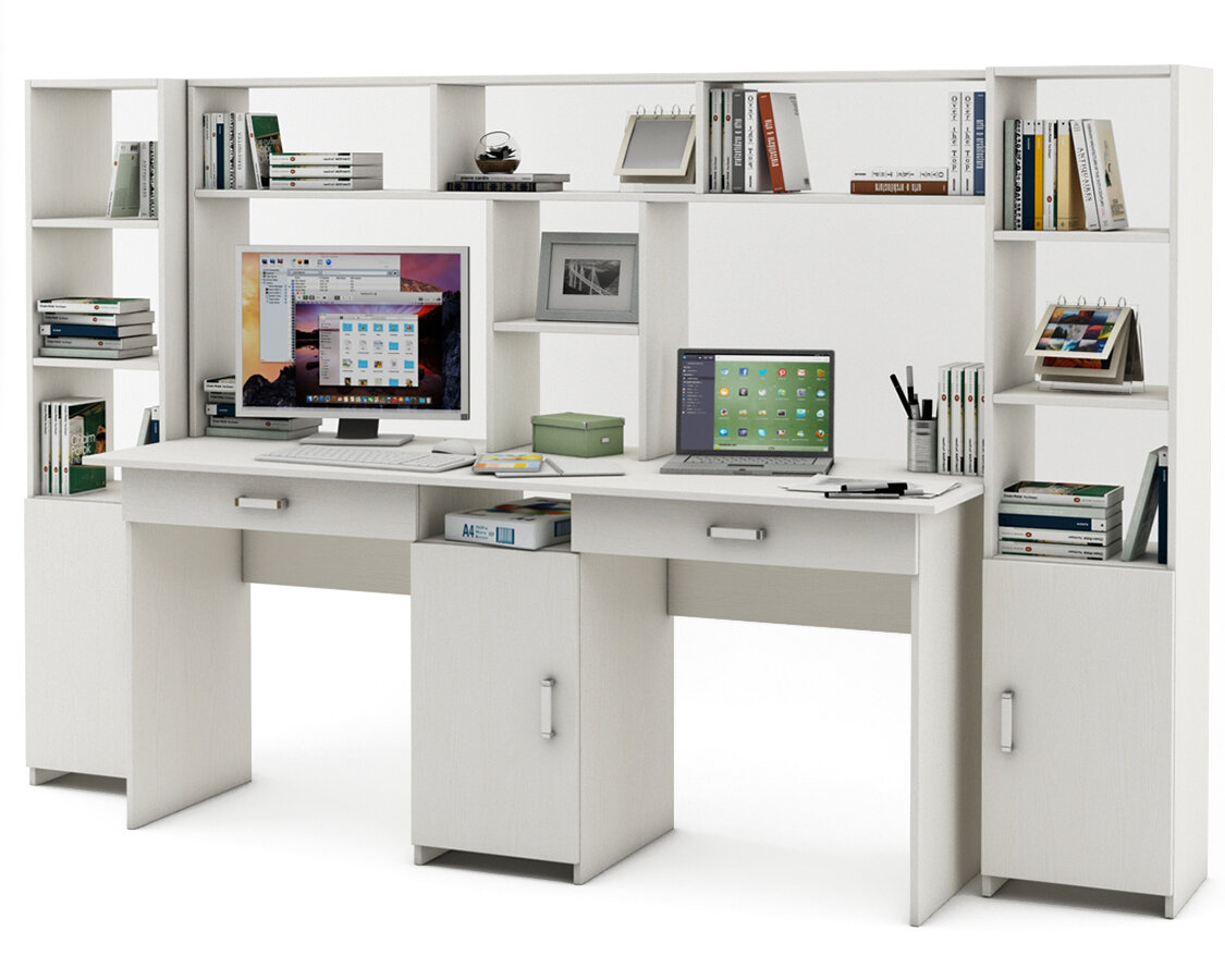 Стол письменный, компьютерный для школьника Лайт (Ньюкасл) 10Я для двоих с надстройкой белое дерево