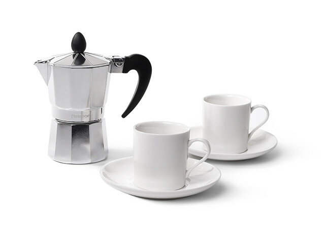 3324 FISSMAN Гейзерная алюминиевая кофеварка 120мл, на 2 порции с двумя чашками и двумя блюдцами
