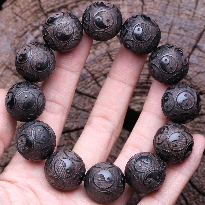 Мужской браслет из черного дерева с инь-янь 20mm