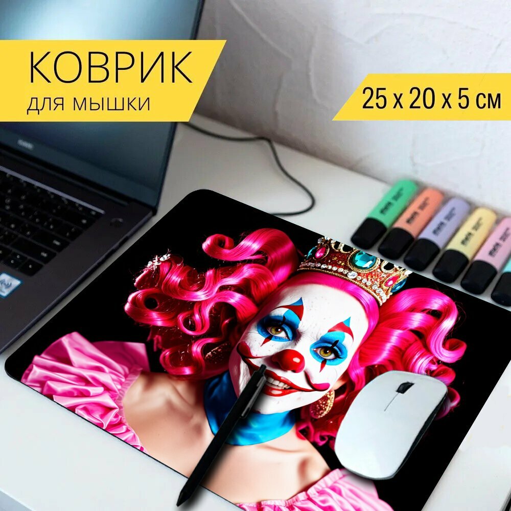 Коврик для мыши с принтом "Картинка с изображением клоунессы с яркими крупными кудрями розового цвета и короной, украшенной драгоценными камнями. На ней наряд с рюшами в." 25x20см.
