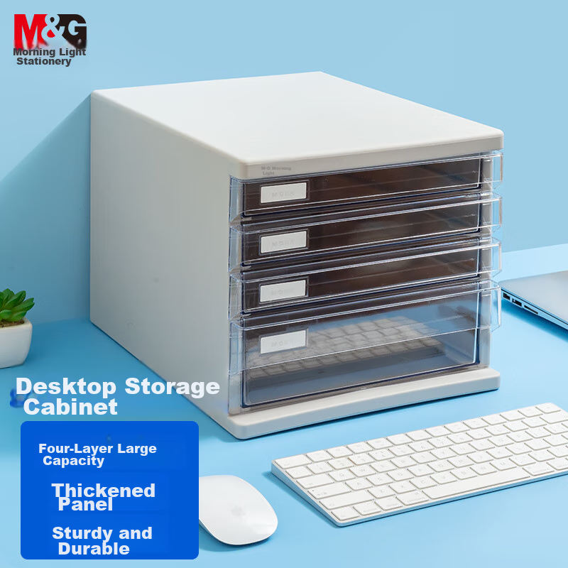 M&G Stationery 4-Tier Desktop File Cabinet with Drawer Handles, A4 Document Storage Cabinet with Index Labels, Office Supplies, Gray Single Pack ADM95295