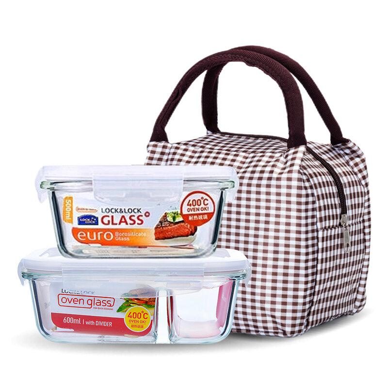 Lock & Lock, Divided Sealed Heat-Resistant Glass Food Storage Container Set, Lunch Box, 600ml (Compartment) + 500ml, with Lunch Bag