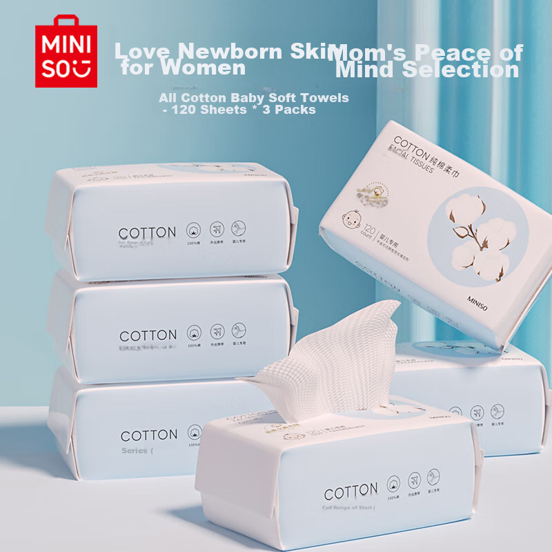 MINISO Disposable Face Towels, 100% Cotton Baby Face Wipes, Soft Cotton Sheets, Wet And Dry Use Facial Cleansing Wipes, Pure Cotton, 120 Sheets * 3 Packs