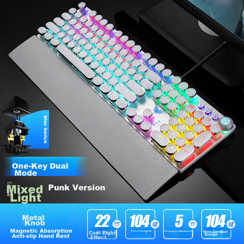 AULA F2088 Mechanical Keyboard, Wired Keyboard, Gaming Keyboard, 104-Key Backlit Mixed Light Punk, Computer Keyboard, Laptop Keyboard, Silver-White Round Keys, Blue Switch