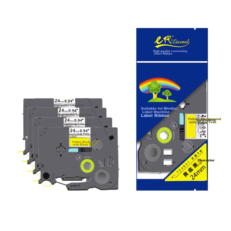 E 24mm Yellow Background Black Text TZe-651 (4-pack) Label Tape Compatible with Brother PT-P700 Label Printer Printing Paper