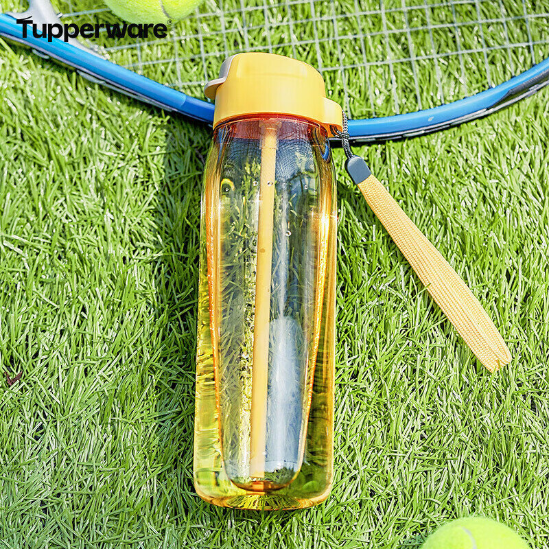 Tupperware Active 750ML Large Capacity Plastic Cup with Straw, Portable Outdoor Sports Water Bottle Double Drinking Juice Orange
