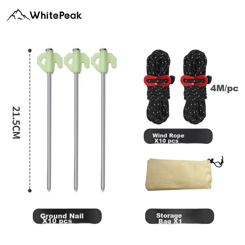 WhitePeak Tent Pegs And Windlines, Camping Accessories, Tent Pegs And Windline Set, 10 Pegs And 10 Windlines