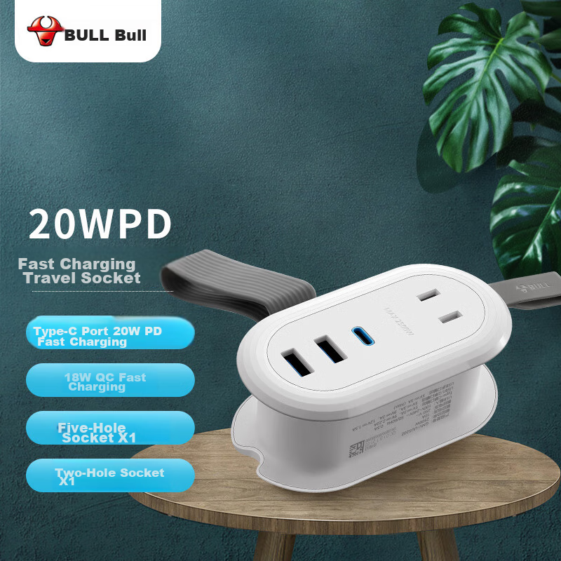 BULL 20W PD Fast Charging Travel Power Strip/Extension Cord/Surge Protector, Mini Type-C Port + USB Port + 2 Outlets, 0.9 Meters Long, GNV-UU5202