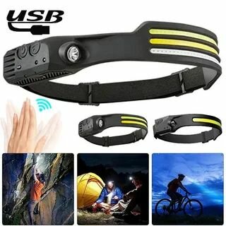 Фонарь налобный, с датчиком движения, три полосы, черный, встроенный аккумулятор