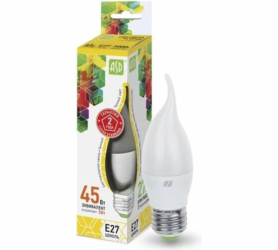 Лампа светодиодная LED 5Вт Е27 230В 3000К cвеча на ветру ASD, 4690612004532