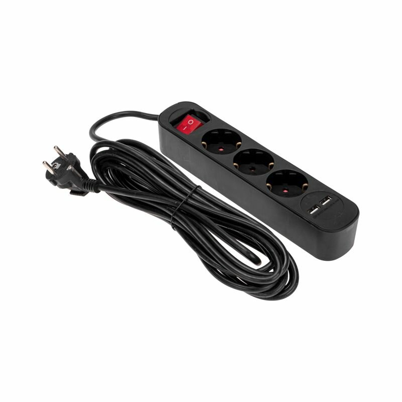 Удлинитель STANDARD 3 гнезда, 5м, 3х1,0мм, с/з, с выключателем, 2 USB, черный REXANT