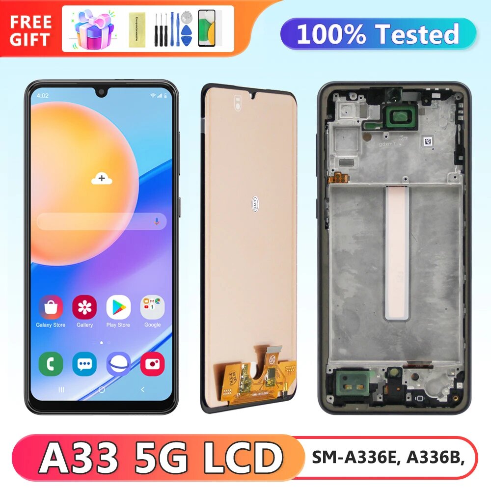 A33 5G Экран дисплея, для Samsung Galaxy A33 5G A336 A336E A336B ЖК-дисплей Цифровой сенсорный экран со заменой рамки Black No Frame