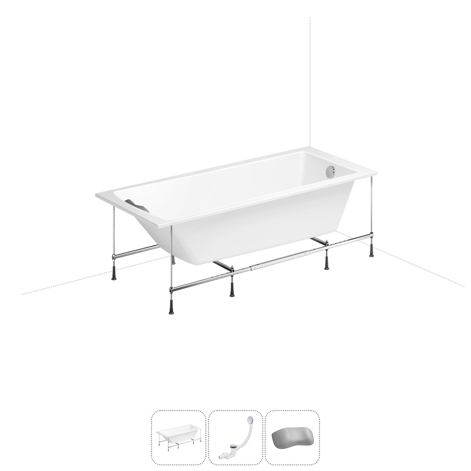 Акриловая ванна 150x70 с каркасом Lavinia Boho One 20220857R в наборе 4 в 1: прямоугольная ванна 150 x 70 см, каркас, слив-перелив, подголовник