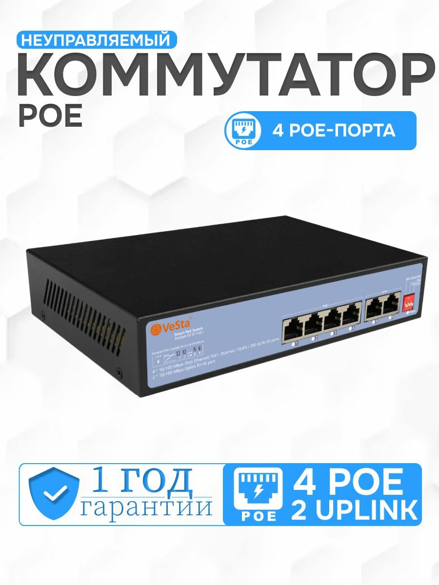 Коммутатор неуправляемый (свитч) 4 PoE+2 Uplink, черный