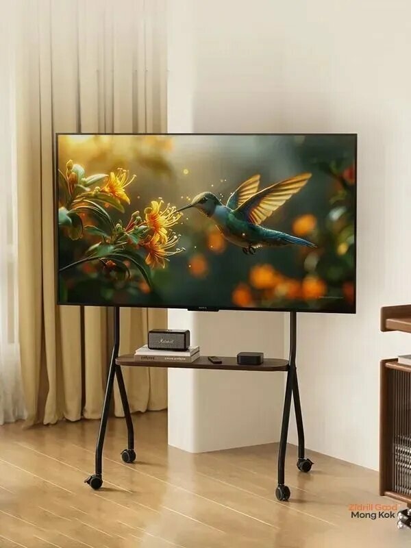 Тумба под телевизор напольная, передвижная, белая, с полкой, универсальные колеса-