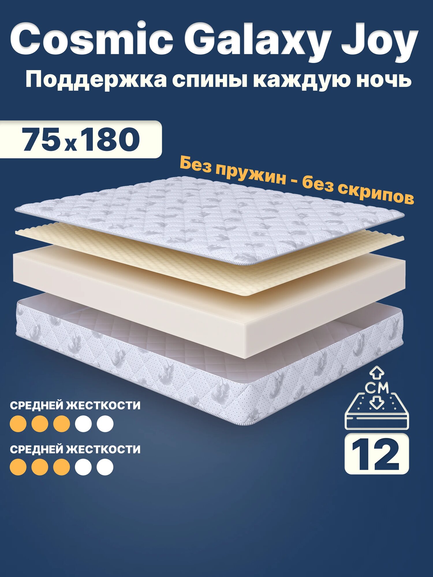 Матрас 75х180 беспружинный детский анатомический в кроватку, Cosmic Galaxy Joy, средне-жесткий 12 см