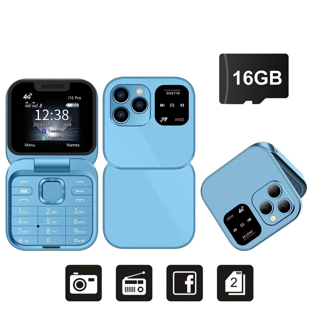 SERVO i16 PRO 4G LTE Foldable Mini Mobile Phone 2 SIM Speed Dial Call Recording Flashlight 1.77'Screen Flip Cellphone Blacklist