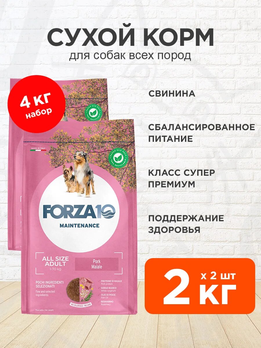 Корм сухой Forza10 Dog Maintenance Adult All Size для взрослых собак всех пород со свининой, 2 кг х 2 шт