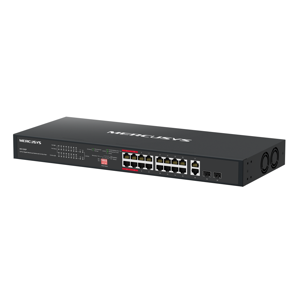 Коммутатор Mercusys MS120GP неуправляемый, 16xRJ45 1Гбит/с PoE+ 192Вт, 2xRJ45 1Гбит/с, 2xSFP