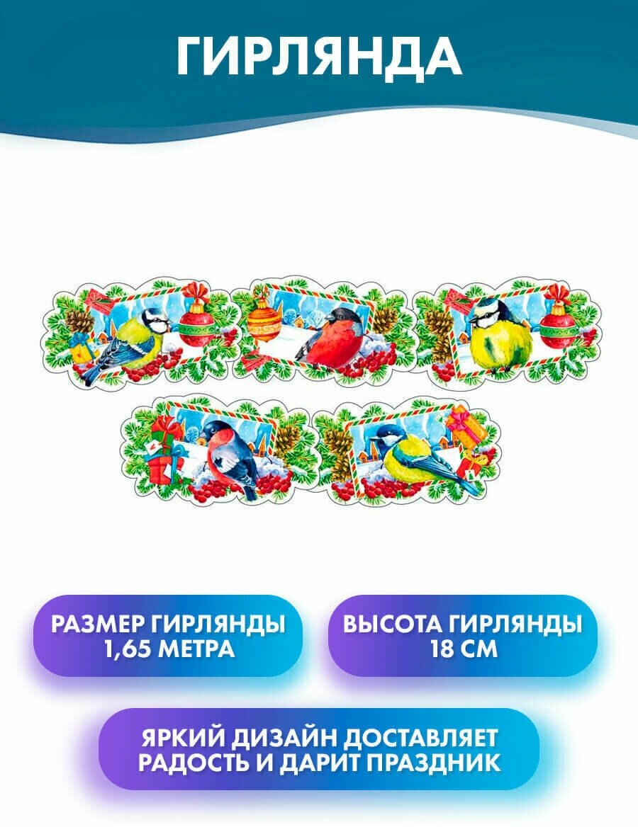 Гирлянда ретро "Новогодние снегири и синички", плакат А3, бумажное украшение, декор на новый год