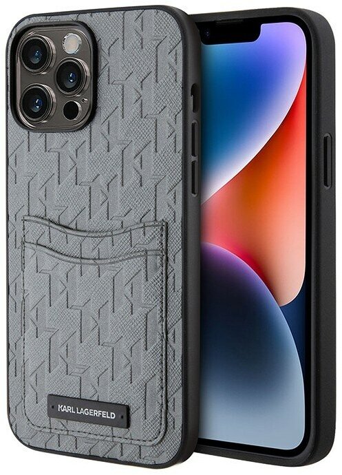 Lagerfeld для iPhone 13 Pro Max чехол PU Saffiano Monogram with Cardslot Hard Silver