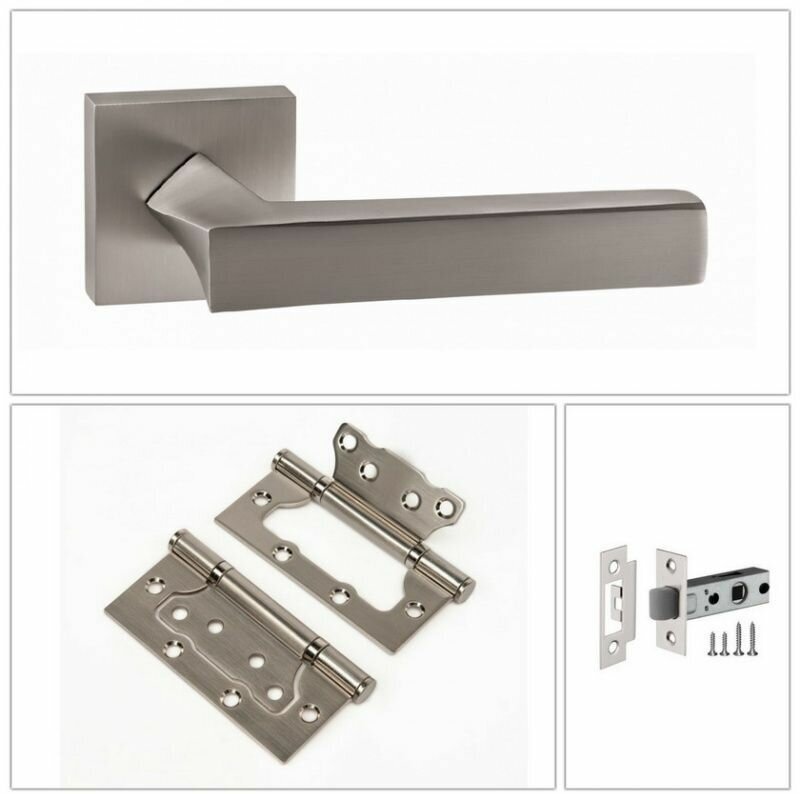 Ручка дверная межкомнатная Renz INDH_302-03_MSN_L6-45, никель супер матовый (ручка + замок защелка + 2 петли без врезки)