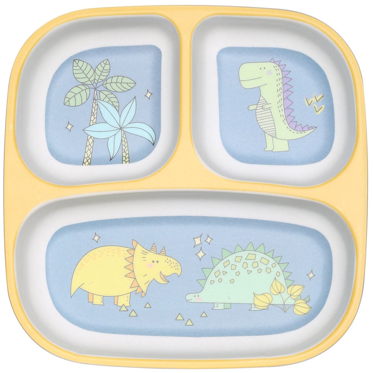Тарелка обеденная, 18 см, 3 отд, детская, бамбук, квадратная, желто-голубая, Динозавр, Dino, Kuchenland