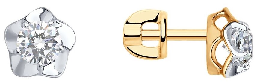 Серьги пусеты, белое, комбинированное золото, 585 проба, родирование, фианит