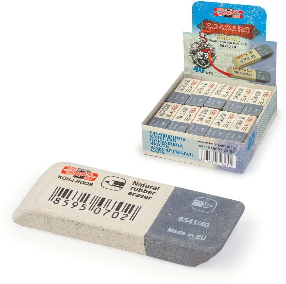 Ластик KOH-I-NOOR 6541/40, 57x19,5x8 мм, бело-серый, прямоугольный, скошенные края, натуральный каучук, 6541040007KDRU, 40 штук, 225397