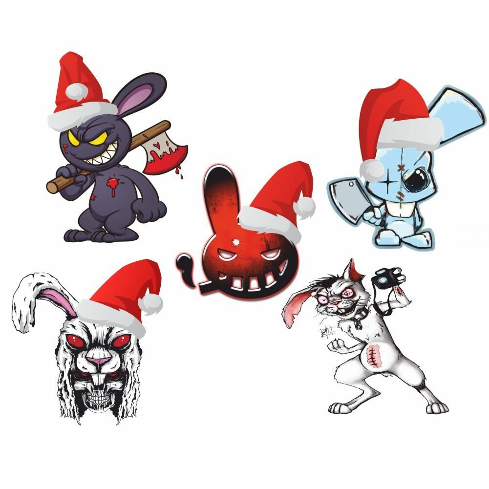 Наклейка "Злой Кролик (заяц) новогодний", 150х150 мм, набор 5 видов, Арт рэйсинг
