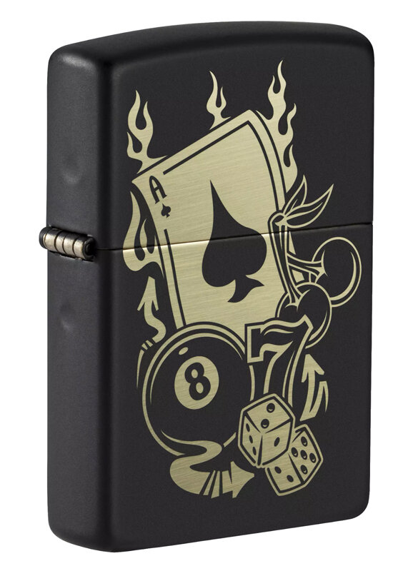 Оригинальная бензиновая зажигалка ZIPPO Gambling Design с покрытием Black Matte, латунь/сталь, чёрная, матовая, 38x13x57 мм, не заправленная