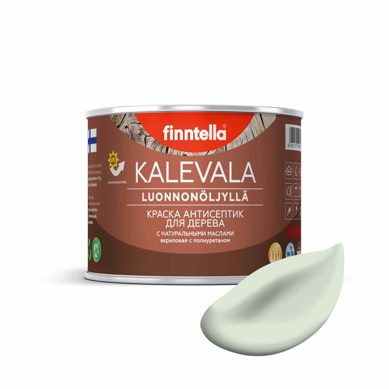 Краска для дерева и деревянных фасадов FINNTELLA KALEVALA, с натуральным маслом и полиуретаном, цвет MINTTU (бледно-зеленый) , 0,45л