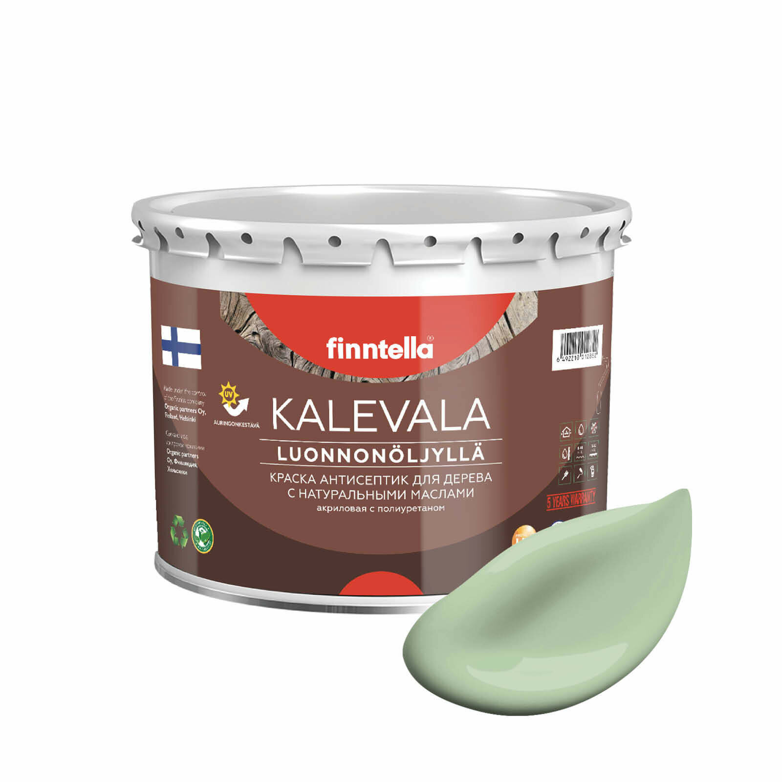 Краска для дерева и деревянных фасадов FINNTELLA KALEVALA, с натуральным маслом и полиуретаном, цвет OMENA (светло-зелёный) , 2,7л